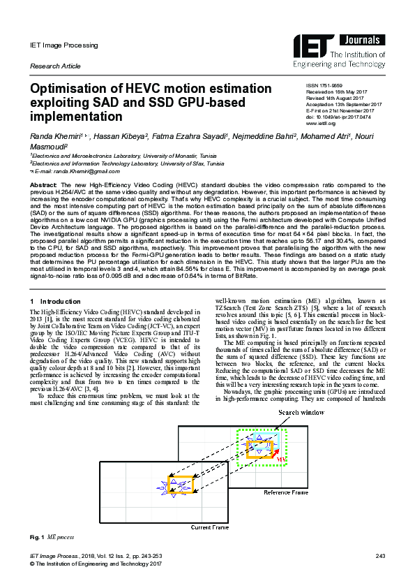 Pdf Optimisation Of Hevc Motion Estimation Exploiting Sad And Ssd Gpu‐based Implementation