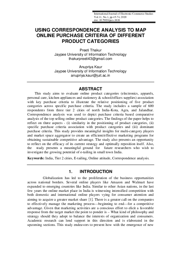 (PDF) Using Correspondence Analysis to Map Online Purchase Criteria of Different Product Categories