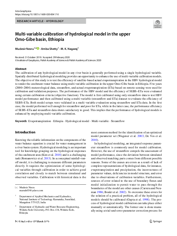 (PDF) Multi-variable calibration of hydrological model in the upper Omo-Gibe basin, Ethiopia