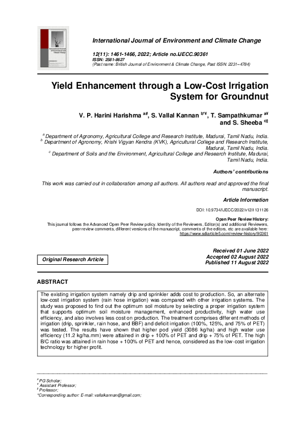 (PDF) Yield Enhancement through a Low-Cost Irrigation System for Groundnut