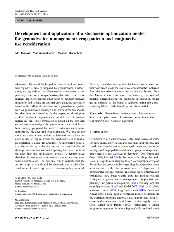(PDF) Development and application of a stochastic optimization model for groundwater management ...