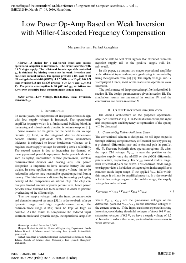 (PDF) Low Power Op-Amp Based on Weak Inversion with Miller-Cascoded ...
