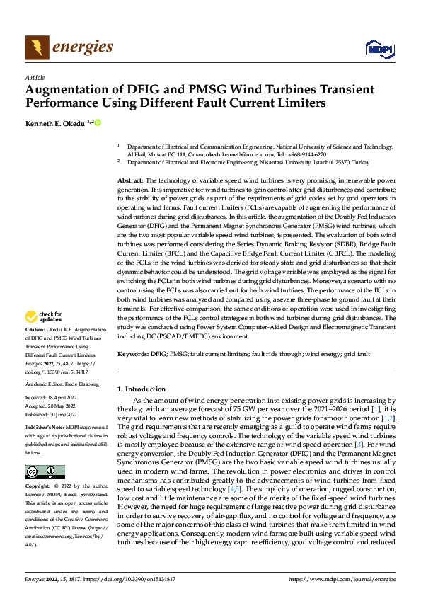 Pdf Augmentation Of Dfig And Pmsg Wind Turbines Transient Performance Using Different Fault