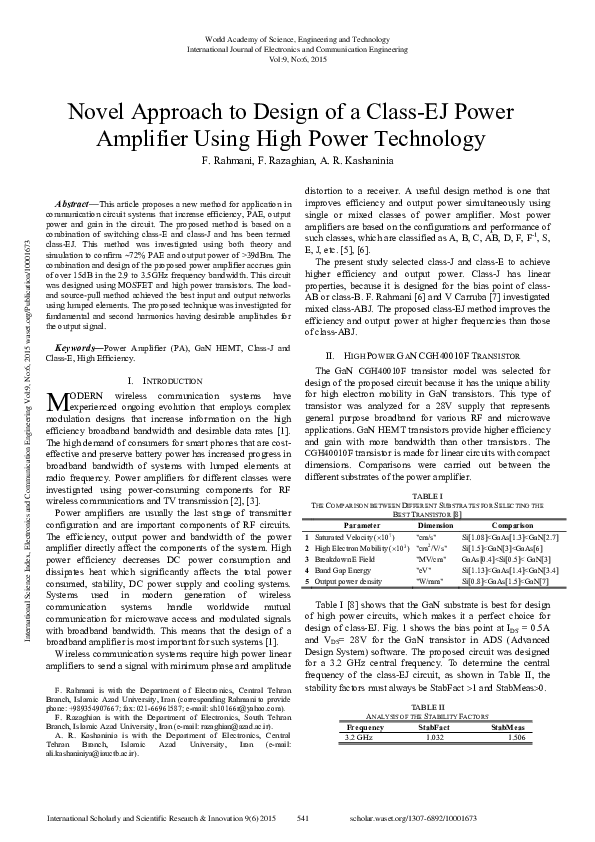 (PDF) Novel Approach To Design Of A Class-Ej Power Amplifier Using High ...