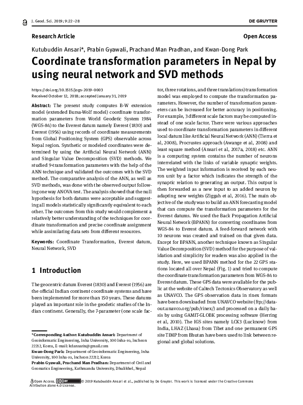Pdf Coordinate Transformation Parameters In Nepal By Using Neural