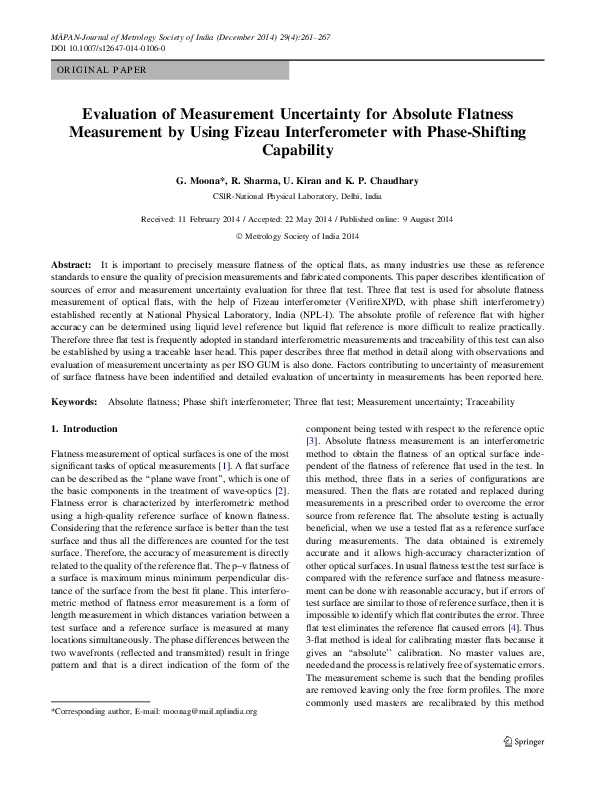 (PDF) Evaluation of Measurement Uncertainty for Absolute Flatness Measurement by Using Fizeau ...