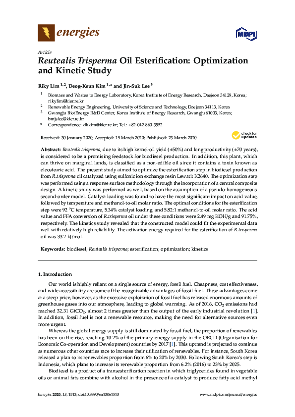 (PDF) Reutealis Trisperma Oil Esterification: Optimization and Kinetic ...