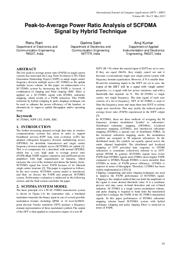 (PDF) Peak-to-Average Power Ratio Analysis of SCFDMA Signal by Hybrid Technique