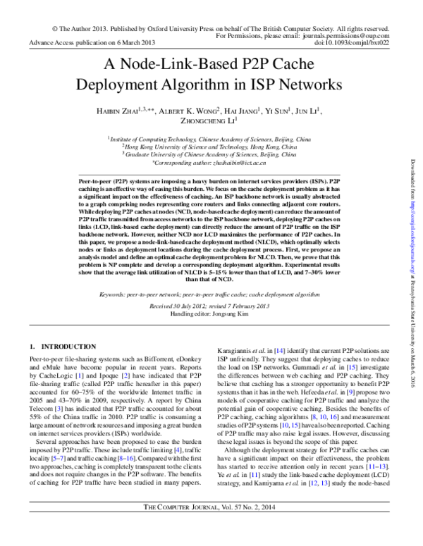 (PDF) A Node-Link-Based P2P Cache Deployment Algorithm in ISP Networks
