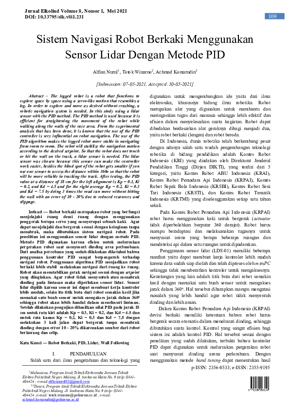 (PDF) Sistem Navigasi Robot Berkaki Menggunakan Sensor Lidar Dengan Metode PID