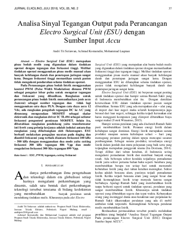 (PDF) Analisa Sinyal Tegangan Output pada Perancangan Electro Surgical Unit (ESU) dengan Sumber ...