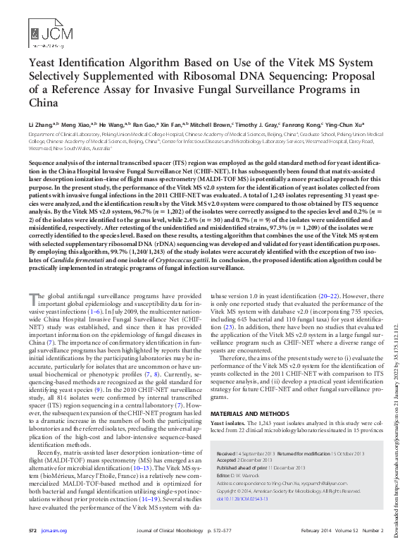 (PDF) Yeast Identification Algorithm Based on Use of the Vitek MS System Selectively ...