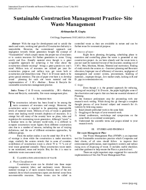 (PDF) Sustainable Construction Management Practice- Site Waste Management