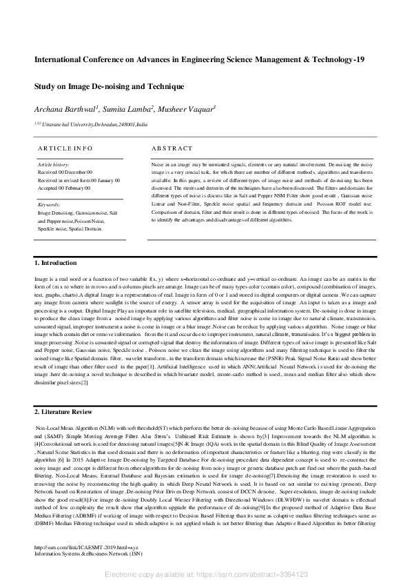 (PDF) Study on Image De-Noising and Technique