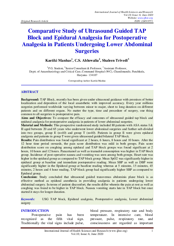 (PDF) Comparative Study of Ultrasound Guided TAP Block and Epidural ...