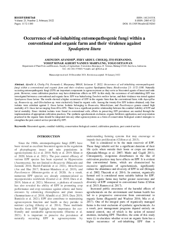 (PDF) Occurrence of soil-inhabiting entomopathogenic fungi within a conventional and organic ...