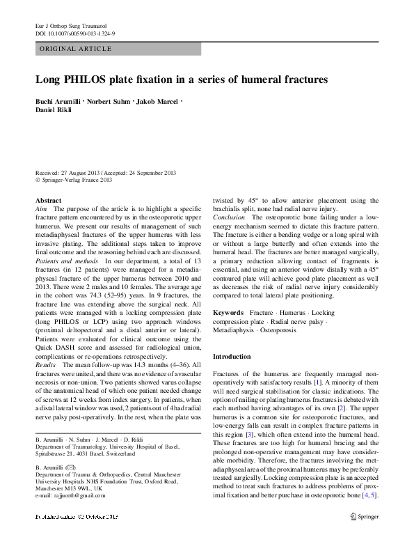 (PDF) Long PHILOS plate fixation in a series of humeral fractures ...