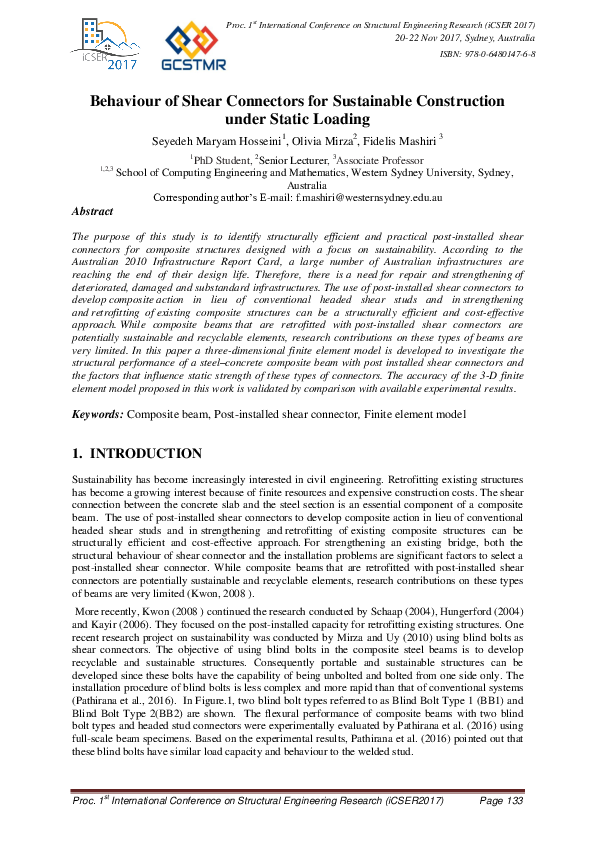 (PDF) Behaviour of Shear Connectors for Sustainable Construction under Static Loading