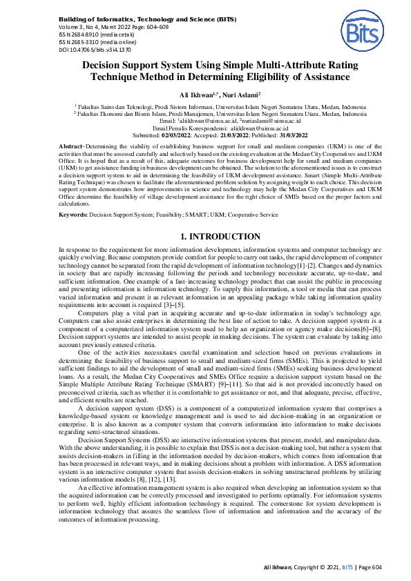 Pdf Decision Support System Using Simple Multi Attribute Rating Technique Method In