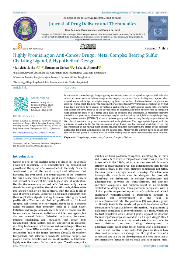 (PDF) Highly Promising an Anti-Cancer Drugs : Metal Complex Bearing ...