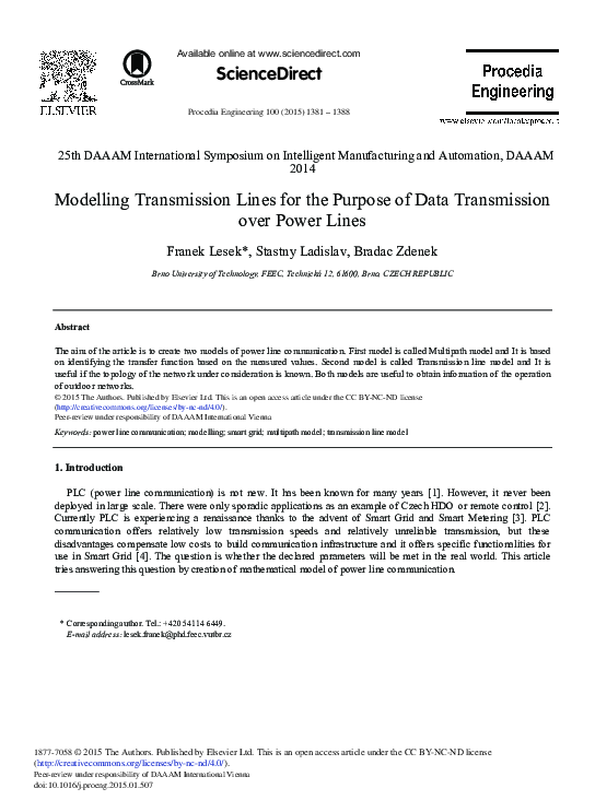 (PDF) Modelling Transmission Lines for the Purpose of Data Transmission ...