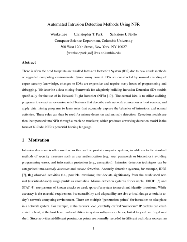(PDF) Automated Intrusion Detection Methods Using NFR