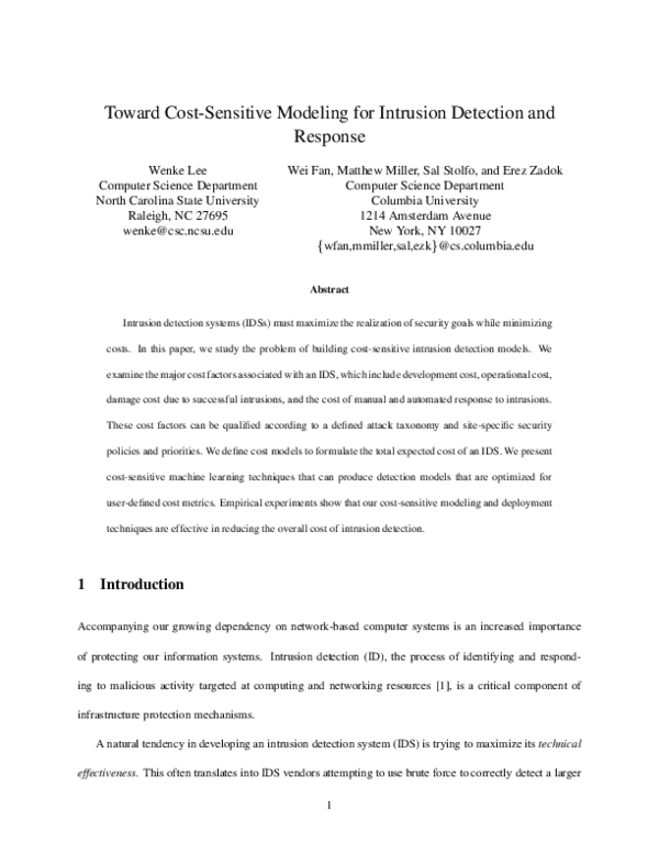 Pdf Toward Cost Sensitive Modeling For Intrusion Detection And Response