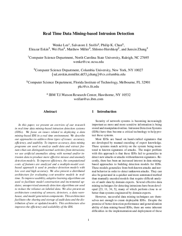 Pdf Real Time Data Mining Based Intrusion Detection Wenke Lee 5131