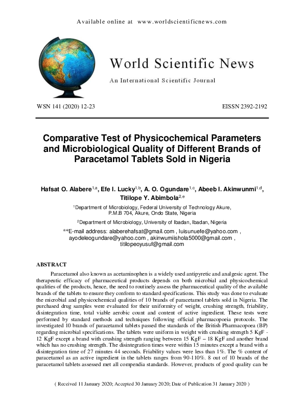 (PDF) Comparative Test of Physicochemical Parameters and ...