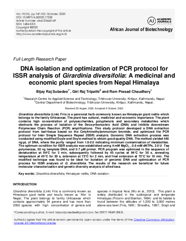 Pdf Dna Isolation And Optimization Of Pcr Protocol For Issr Analysis Of Girardinia