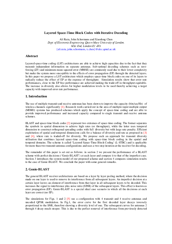 Pdf Layered Space Time Block Codes With Iterative Decoding Ali Raza