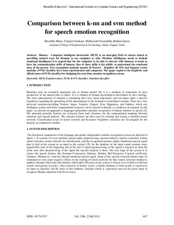 (PDF) Comparison between k-nn and svm method for speech emotion recognition