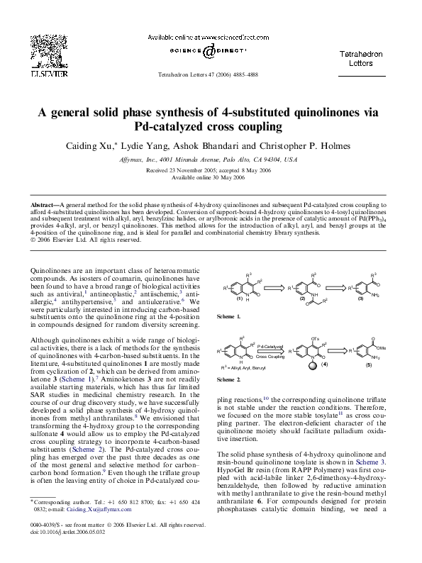 (PDF) A general solid phase synthesis of 4-substituted quinolinones via ...