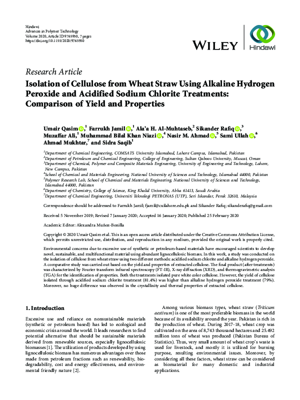 (PDF) Isolation of Cellulose from Wheat Straw Using Alkaline Hydrogen ...