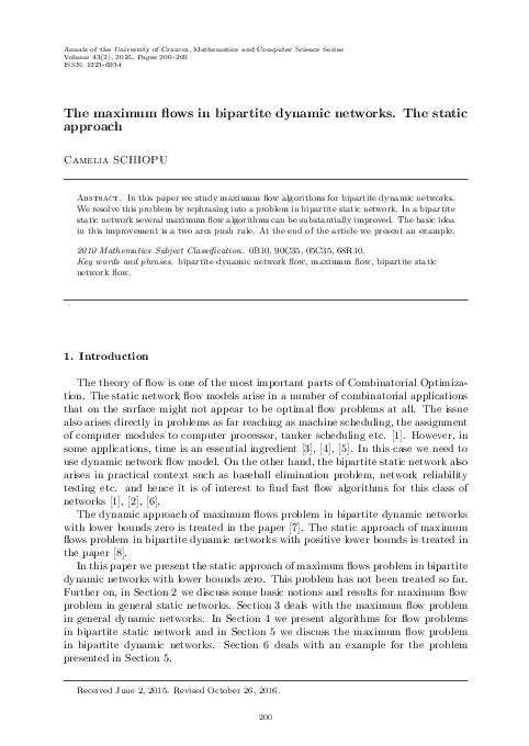 (PDF) The maximum ows in bipartite dynamic networks. The static approach