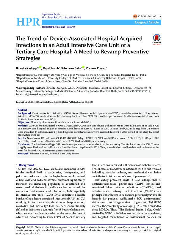 (PDF) The Trend of Device-Associated Hospital Acquired Infections in an ...