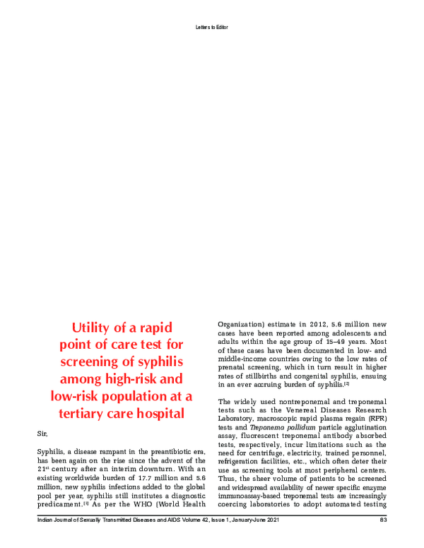 (PDF) Utility of a rapid point of care test for screening of syphilis ...