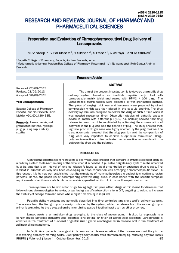 (PDF) Preparation and Evaluation of Chronopharmaceutical Drug Delivery of Lansoprazole