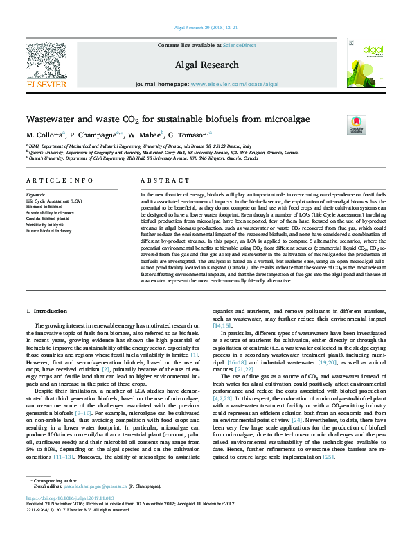 (PDF) Wastewater and waste CO2 for sustainable biofuels from microalgae