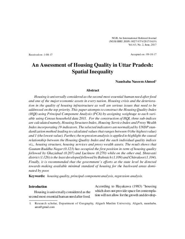(PDF) An Assessment of Housing Quality in Uttar Pradesh: Spatial Inequality
