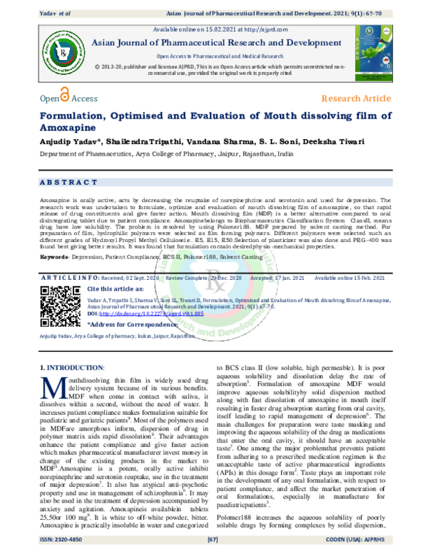 Pdf Formulation Optimised And Evaluation Of Mouth Dissolving Film Of Amoxapine