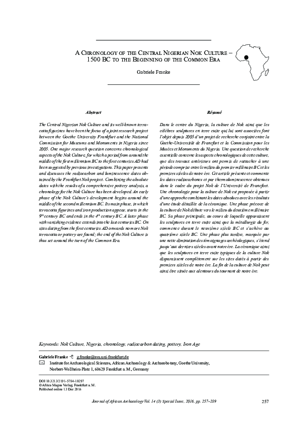 (PDF) A Chronology of the Central Nigerian Nok Culture 1500 BC to the ...