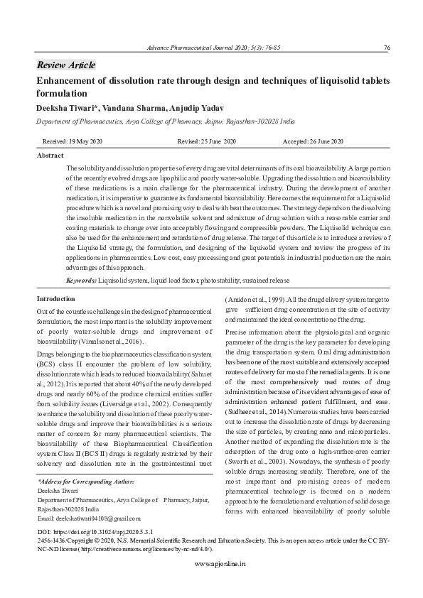 Pdf Enhancement Of Dissolution Rate Through Design And Techniques Of Liquisolid Tablets