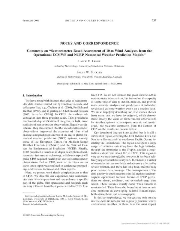 (PDF) Comments on “Scatterometer-Based Assessment of 10-m Wind Analyses from the Operational ...