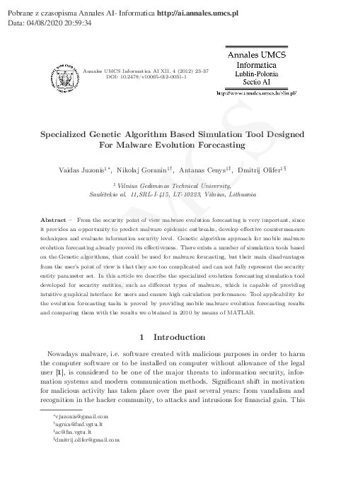(PDF) Specialized Genetic Algorithm Based Simulation Tool Designed For Malware Evolution Forecasting
