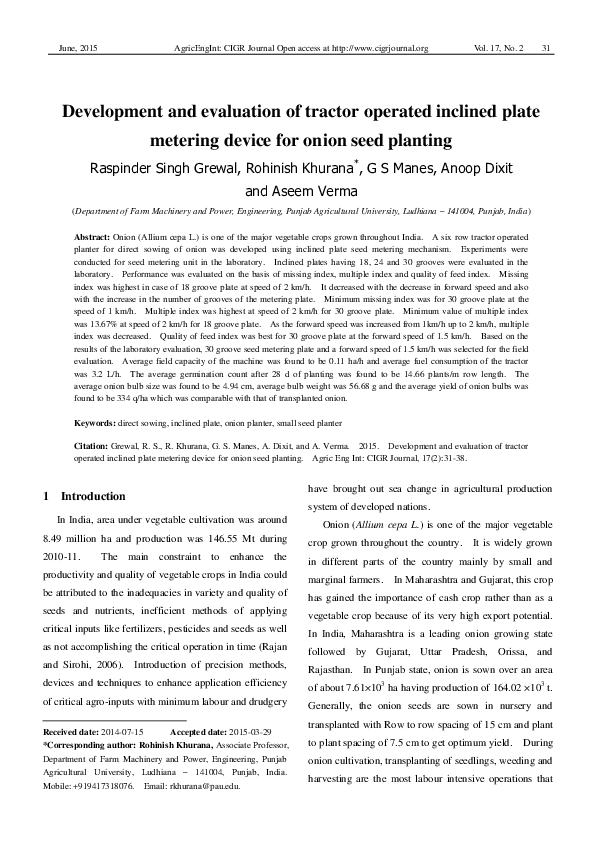 (PDF) Development and evaluation of tractor operated inclined plate ...
