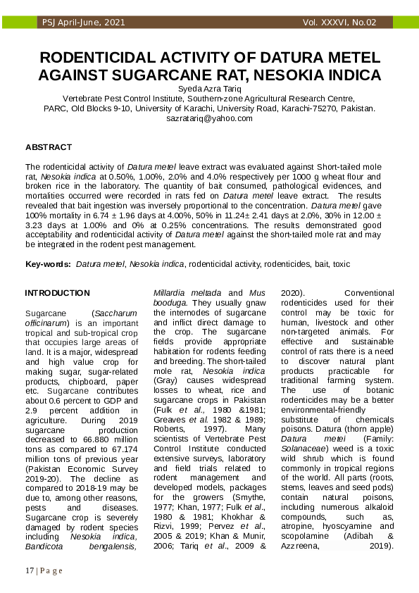 (PDF) Rodenticidal Activity of Datura Metel Against Sugarcane Rat ...