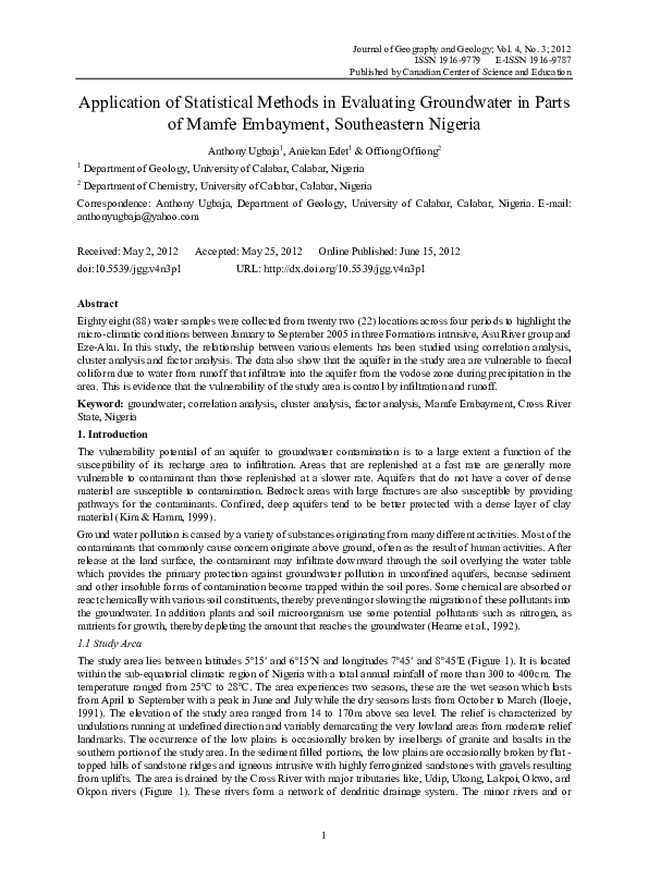 Pdf 1 Application Of Statistical Methods In Evaluating Groundwater In