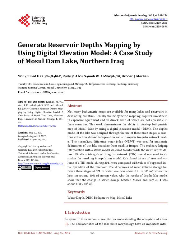 (PDF) Generate Reservoir Depths Mapping by Using Digital Elevation Model: A Case Study of Mosul ...