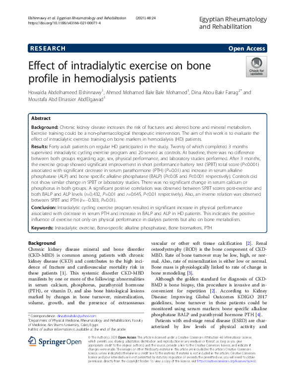(PDF) Effect of intradialytic exercise on bone profile in hemodialysis patients